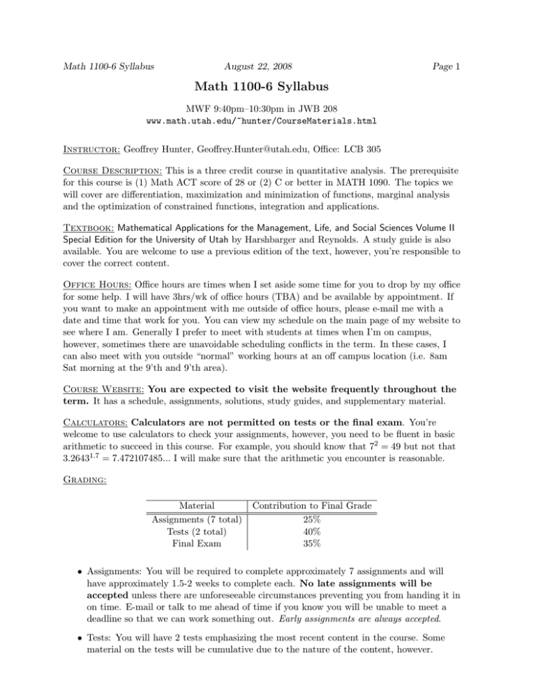 Math 1100 6 Syllabus
