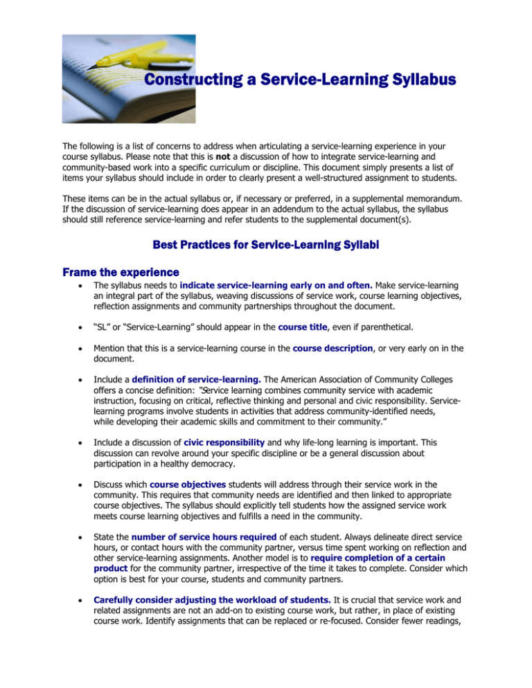 Constructing A Service Learning Syllabus Constructing A Service Learning Syllabus