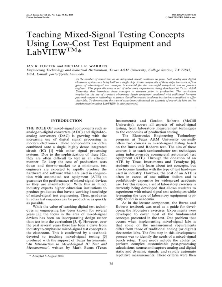 Teaching Mixed Signal Testing Concepts Using Low Cost Test Equipment 