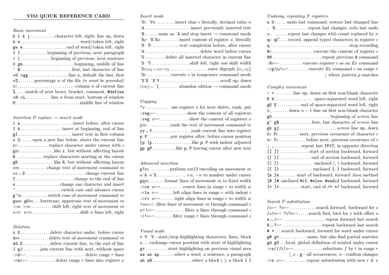 VIM QUICK REFERENCE CARD Insert Mode
