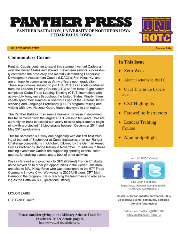 PANTHER PRESS In This Issue Zero Week