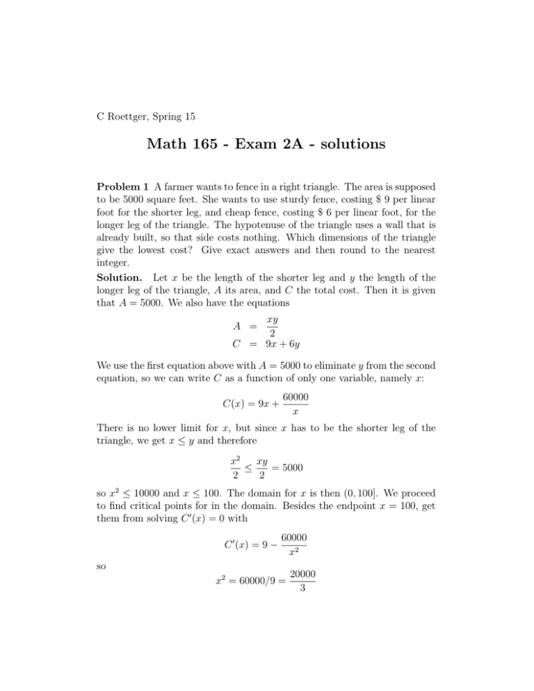 Math 165 Exam 2A Solutions Math 165 Exam 2A Solutions