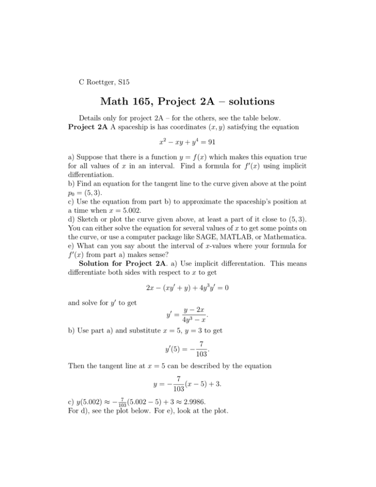 Math 165 Project 2A Solutions Math 165 Project 2A Solutions