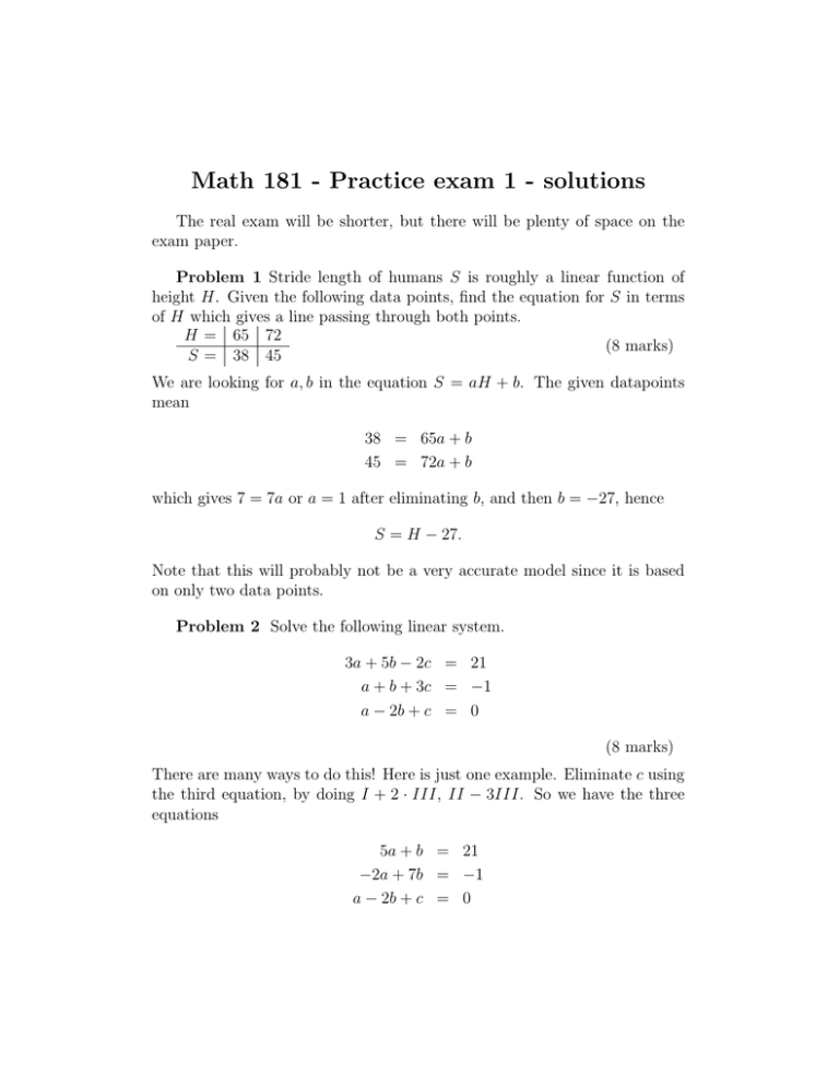 Math 181 Practice Exam 1 Solutions Math 181 Practice Exam 1 Solutions