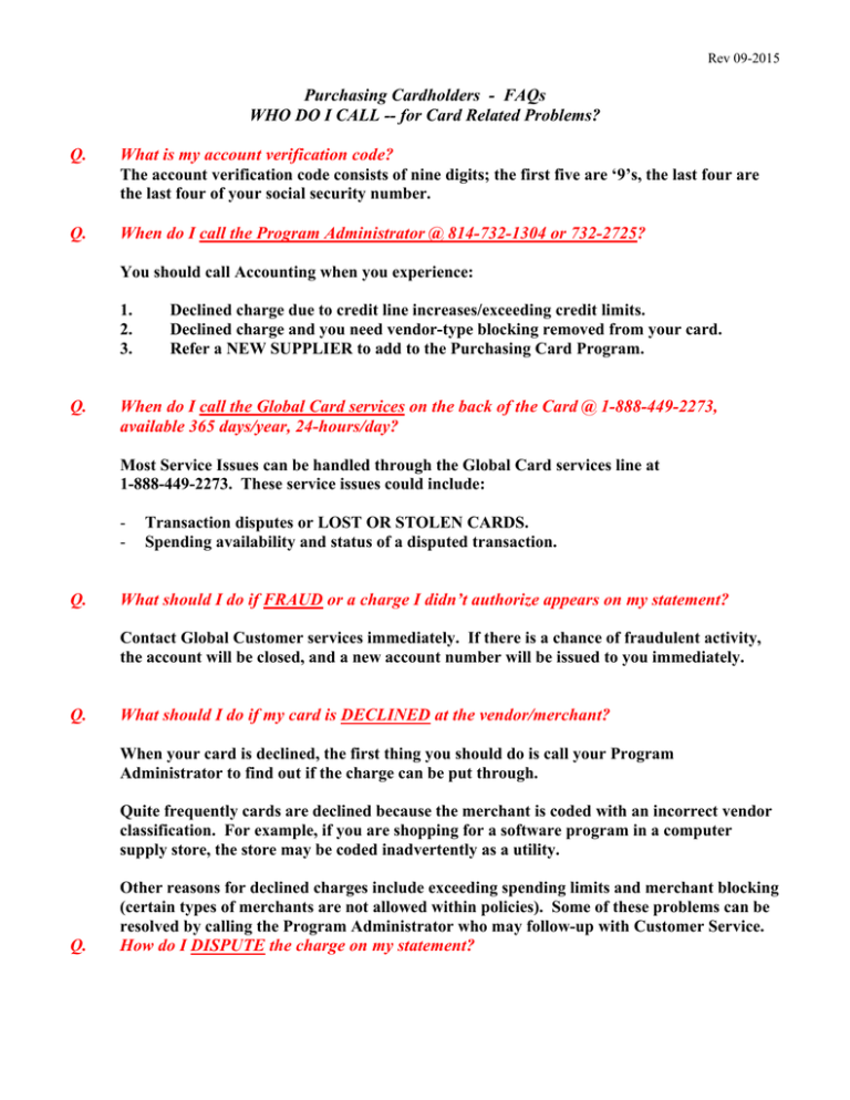 Purchasing Cardholders FAQs Q 