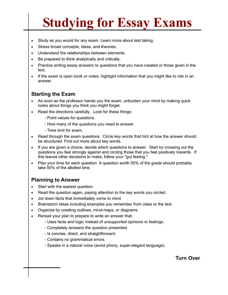 Studying For Essay Exams Studying For Essay Exams