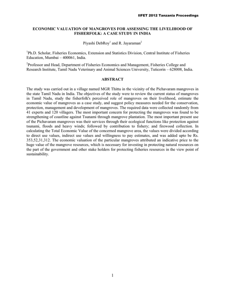 ECONOMIC VALUATION OF MANGROVES FOR ASSESSING THE LIVELIHOOD OF Piyashi ...