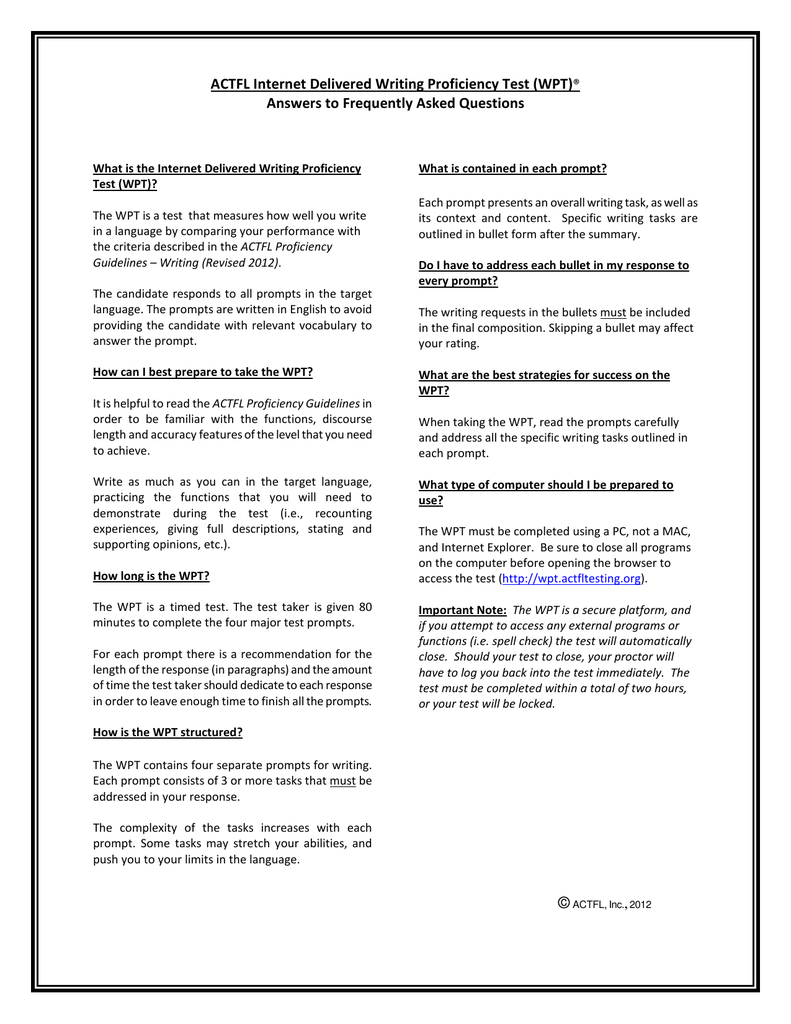 ACTFL Internet Delivered Writing Proficiency Test WPT 
