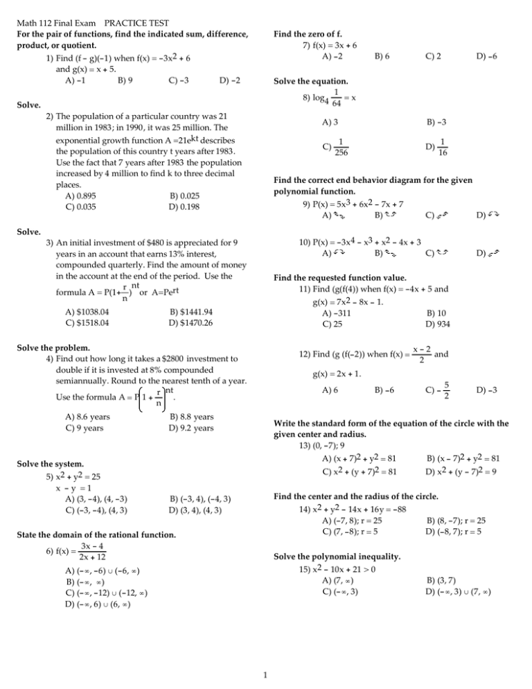 Math 112 Final Exam PRACTICE TEST
