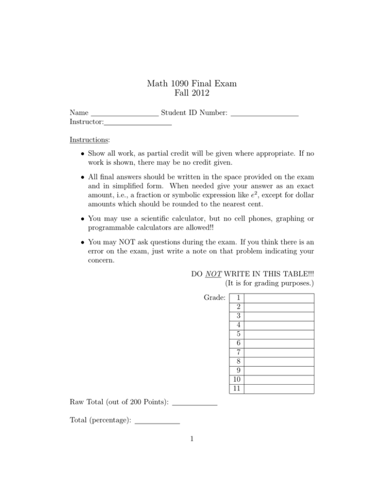 Math 1090 Final Exam Fall 2012