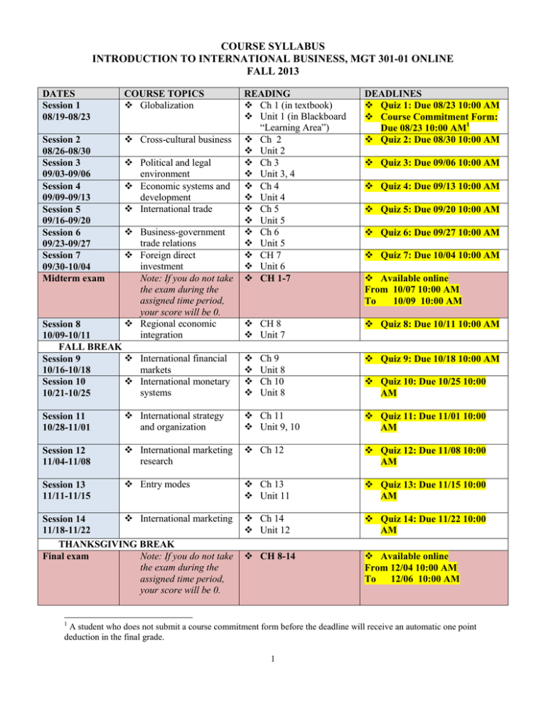 COURSE SYLLABUS INTRODUCTION TO INTERNATIONAL BUSINESS MGT 301 01