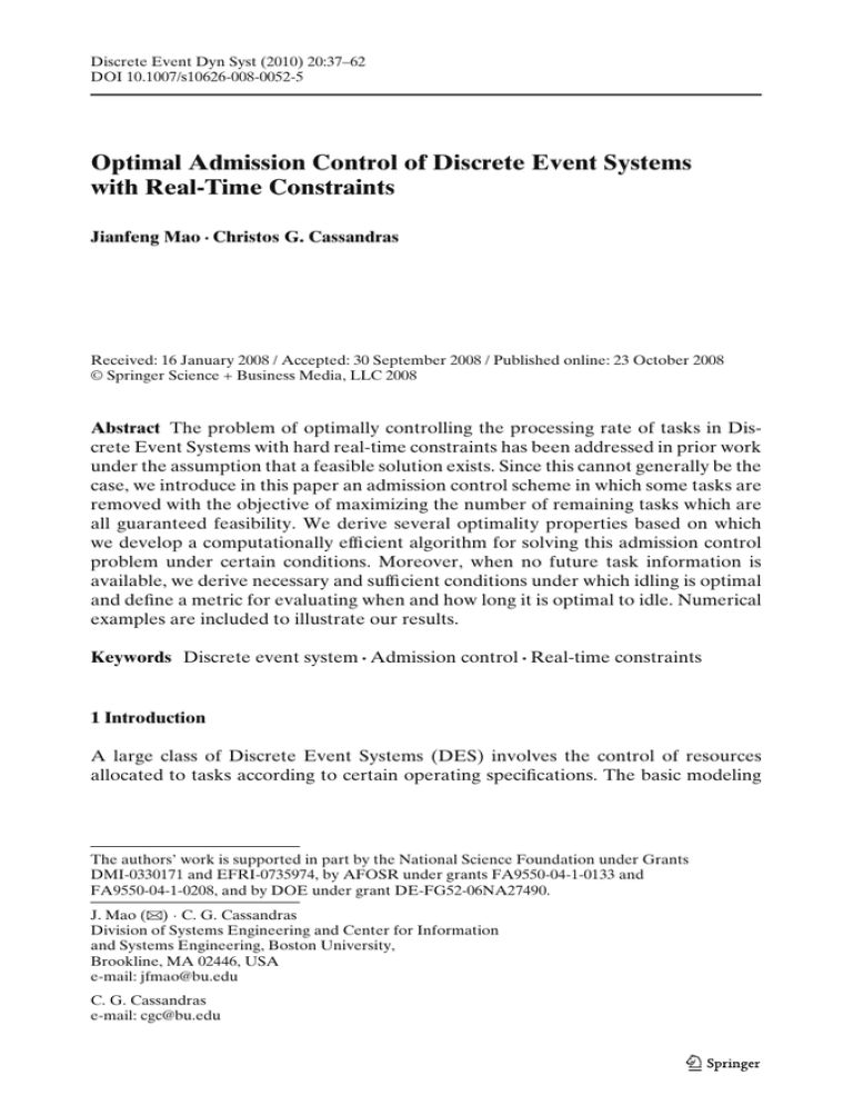 Optimal Admission Control Of Discrete Event Systems With Real Time Constraints Jianfeng Mao