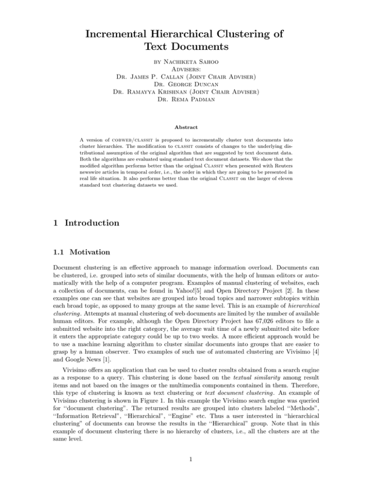 Incremental Hierarchical Clustering Of Text Documents