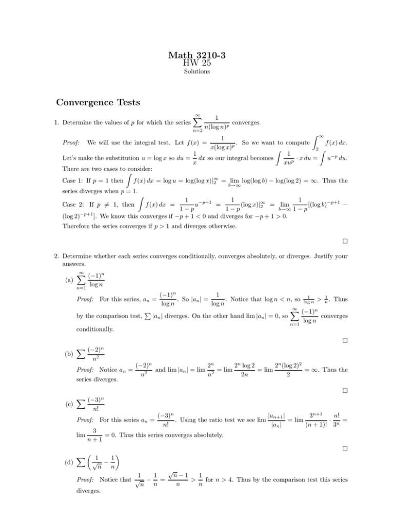 Math 3210-3 HW 25 Convergence Tests