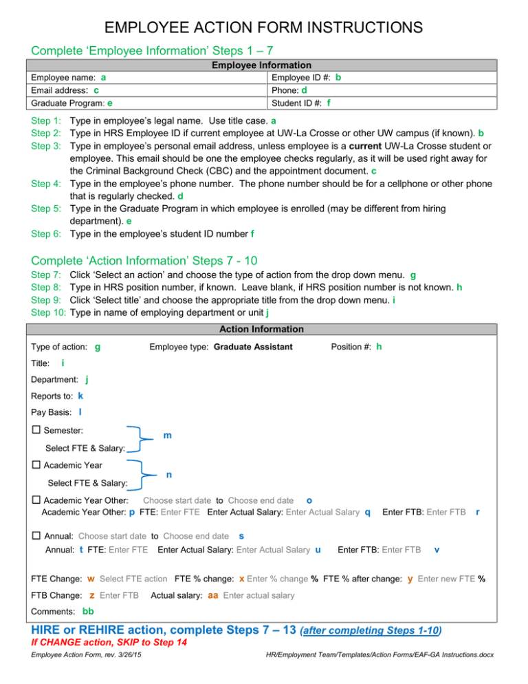 EMPLOYEE ACTION FORM INSTRUCTIONS Complete ‘Employee Information’ Steps ...
