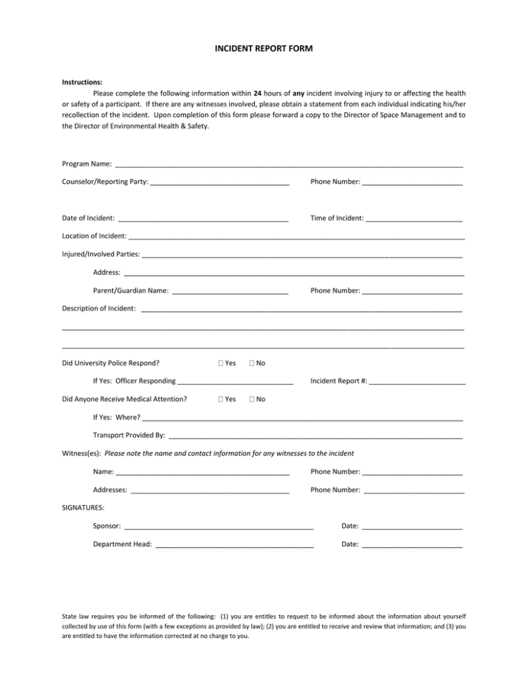 INCIDENT REPORT FORM