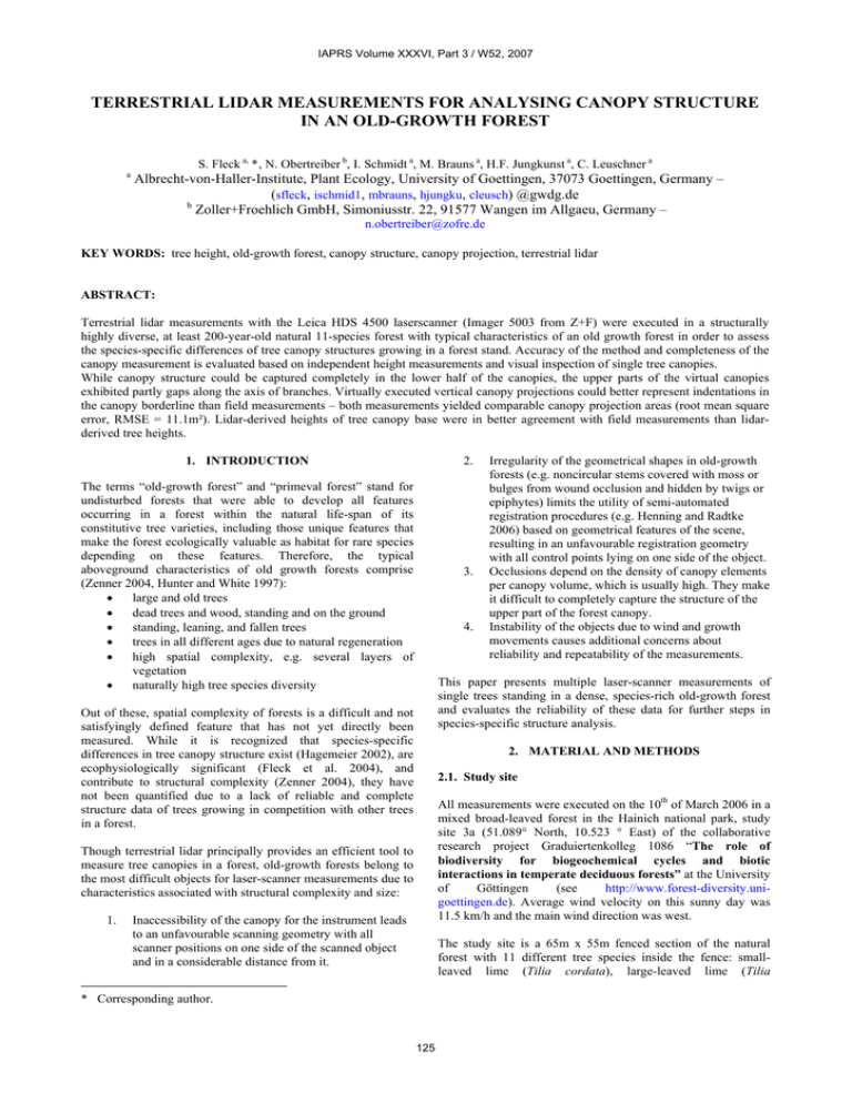 TERRESTRIAL LIDAR MEASUREMENTS FOR ANALYSING CANOPY STRUCTURE IN AN OLD ...