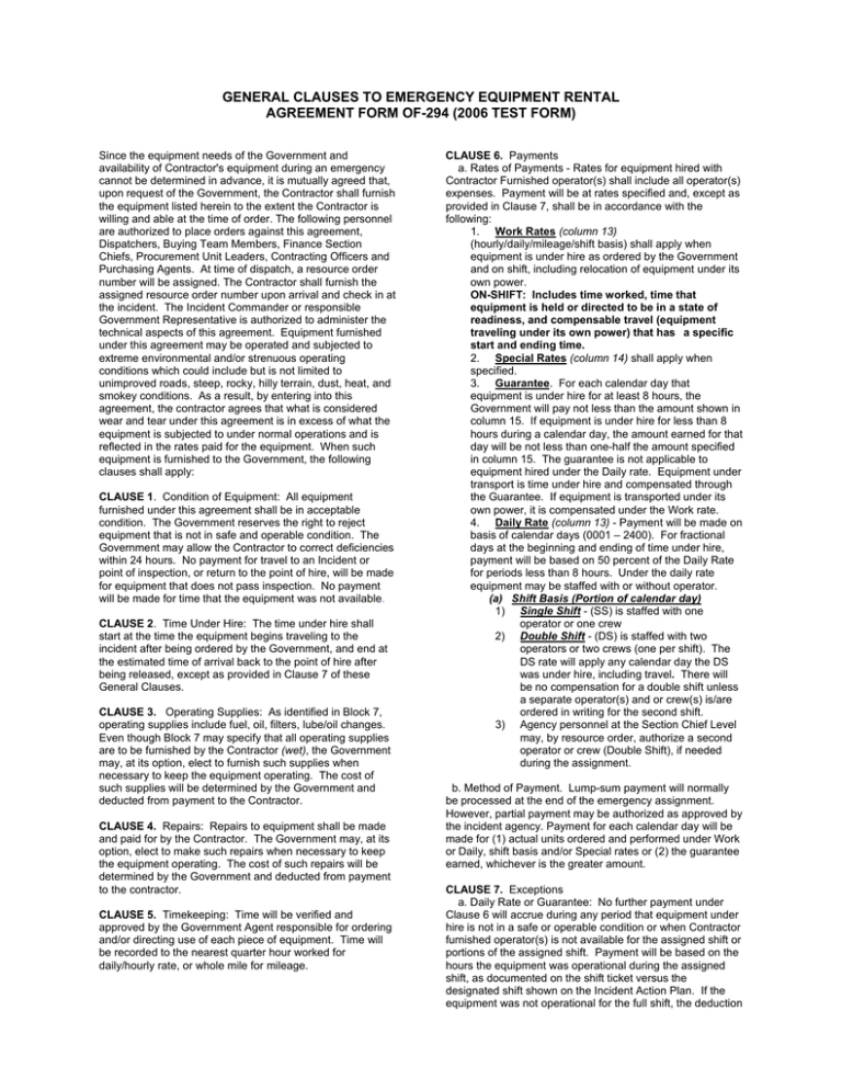 GENERAL CLAUSES TO EMERGENCY EQUIPMENT RENTAL