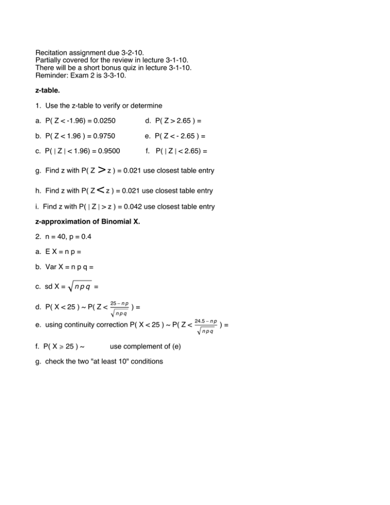 Recitation Assignment Due 3 2 10 