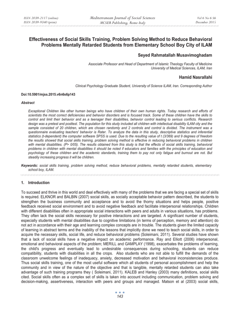 Effectiveness Of Social Skills Training Problem Solving Method To 