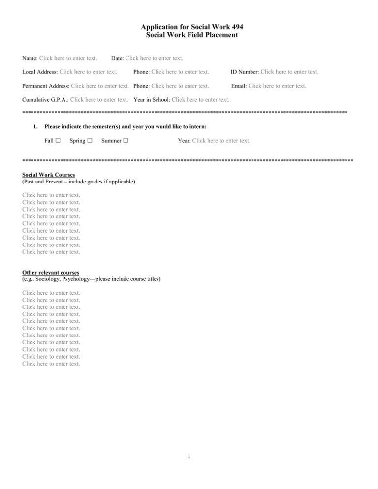 Application for Social Work 494 Social Work Field Placement