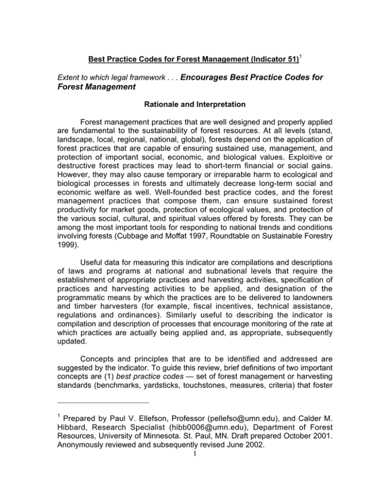 Encourages Best Practice Codes for Forest Management