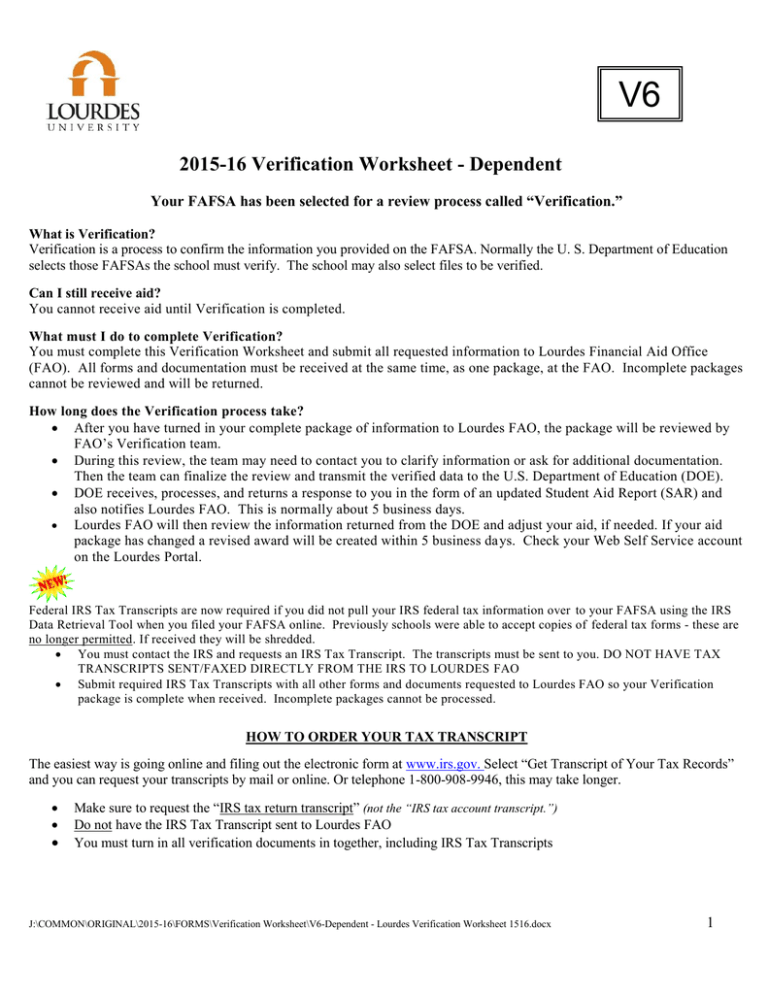 2015 16 Verification Worksheet Dependent