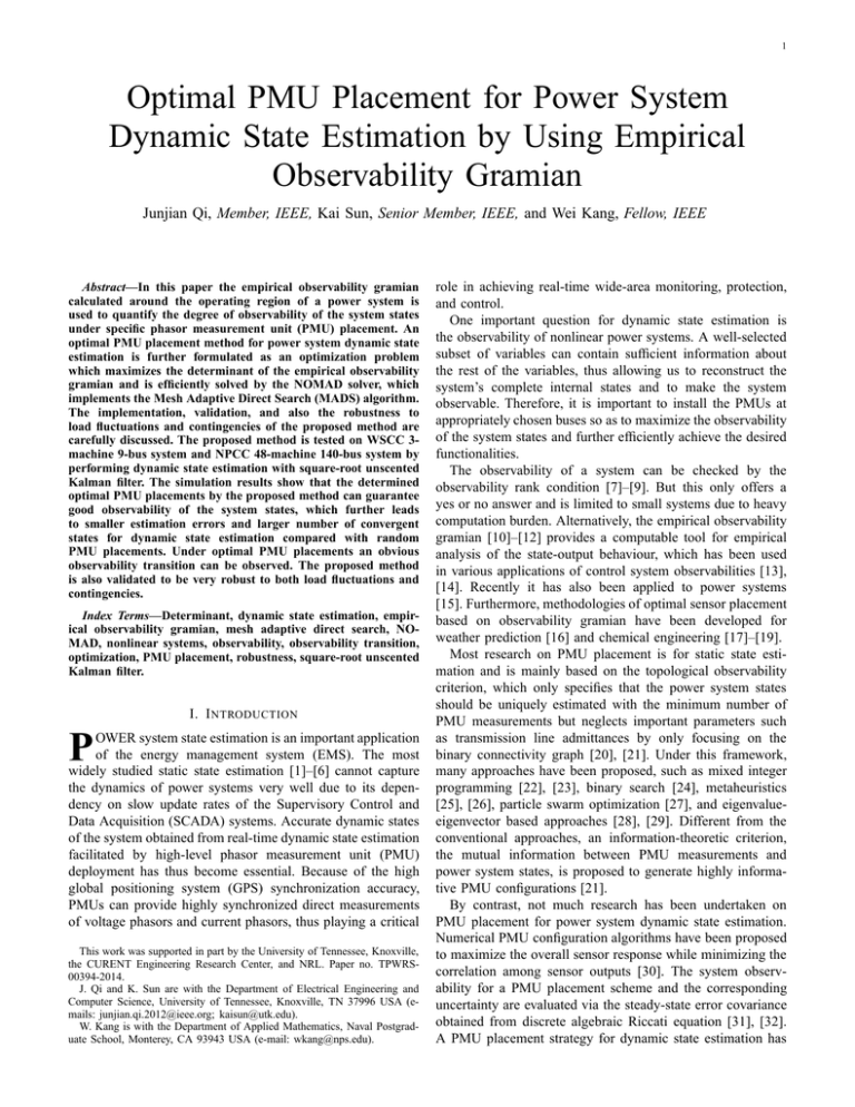 Optimal Pmu Placement For Power System Observability Gramian