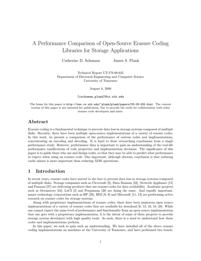A Performance Comparison Of Open Source Erasure Coding Libraries For Storage Applications