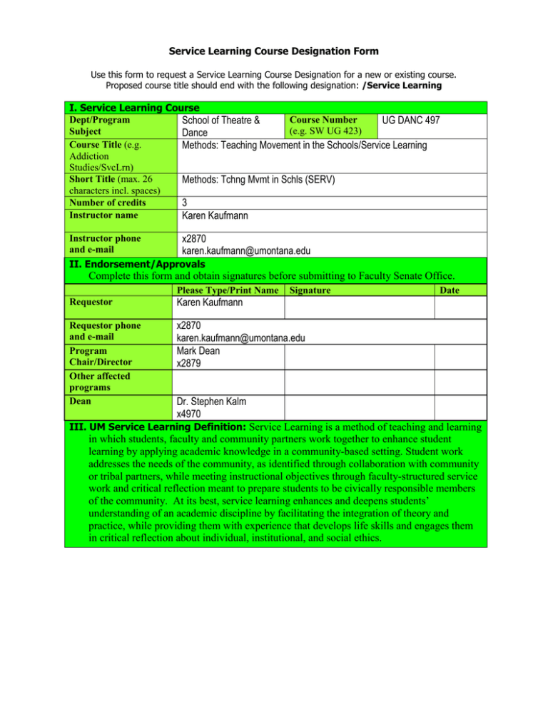 Service Learning Course Designation Form
