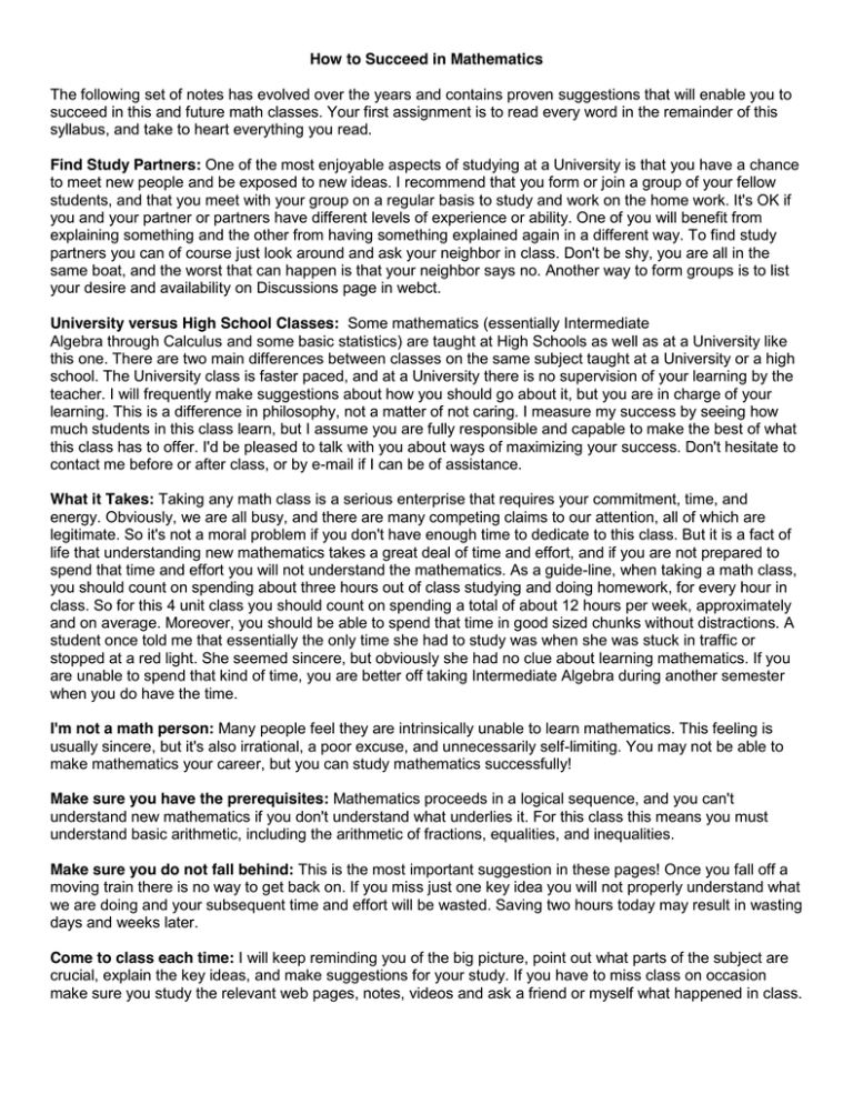 How To Succeed In Mathematics How To Succeed In Mathematics