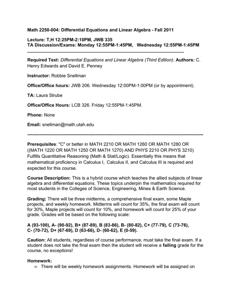 Math 2250 004 Differential Equations And Linear Algebra Fall 2011