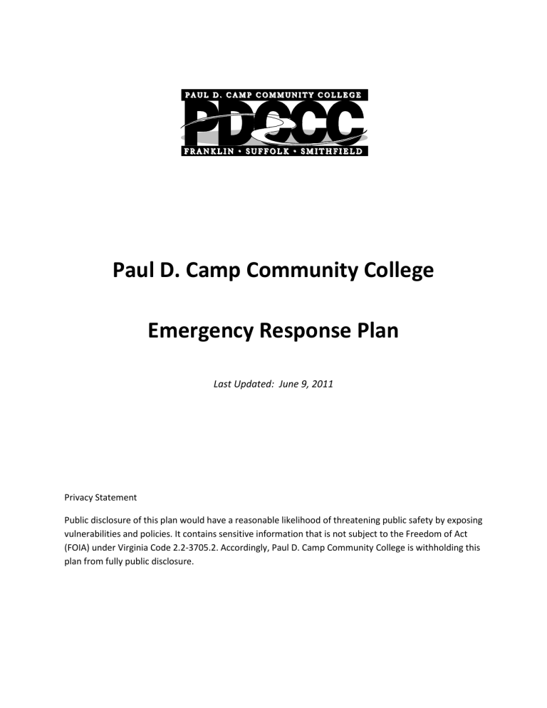 Paul D Camp Community College Emergency Response Plan
