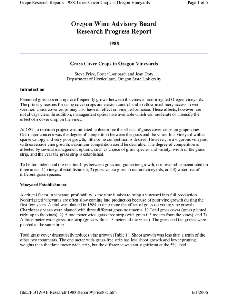 Oregon Wine Advisory Board Research Progress Report 1988