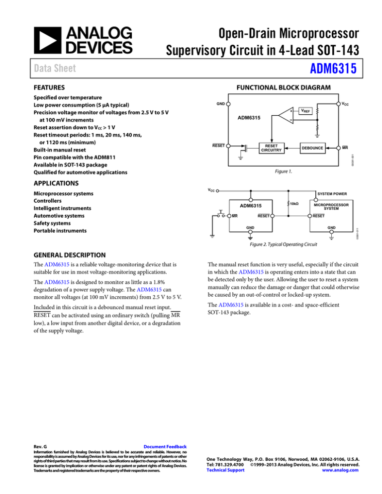 Open Drain Microprocessor Supervisory Circuit In 4 Lead Sot 143 Adm6315 Data Sheet