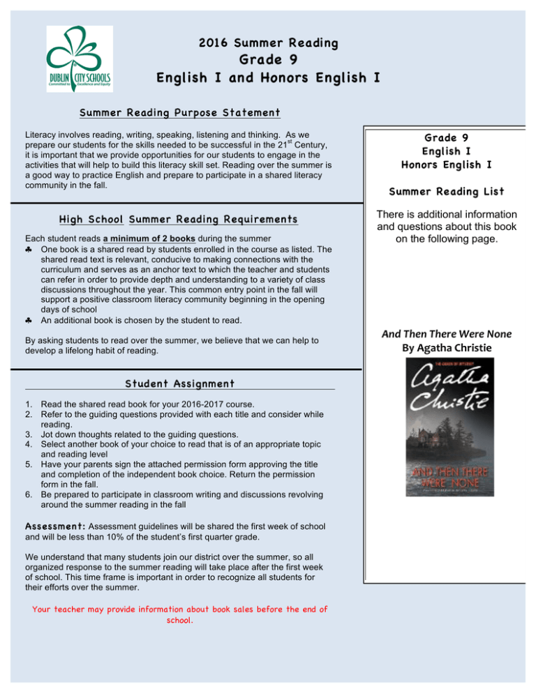 Grade 9 English I And Honors English I 2016 Summer Reading