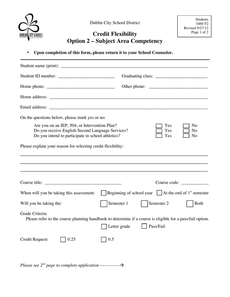 Credit Flexibility Option 2 Subject Area Competency