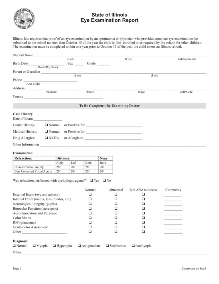 State Of Illinois Eye Examination Report