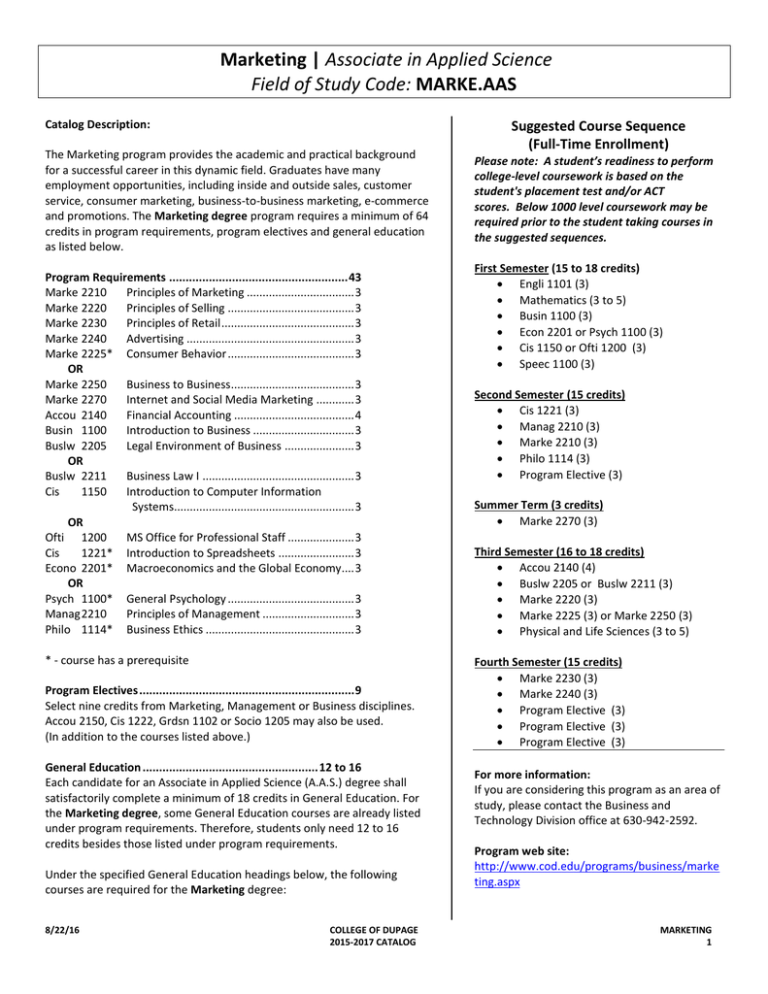 Marketing | Field of Study Code: Suggested Course Sequence Marketing | Field of Study Code: Suggested Course Sequence