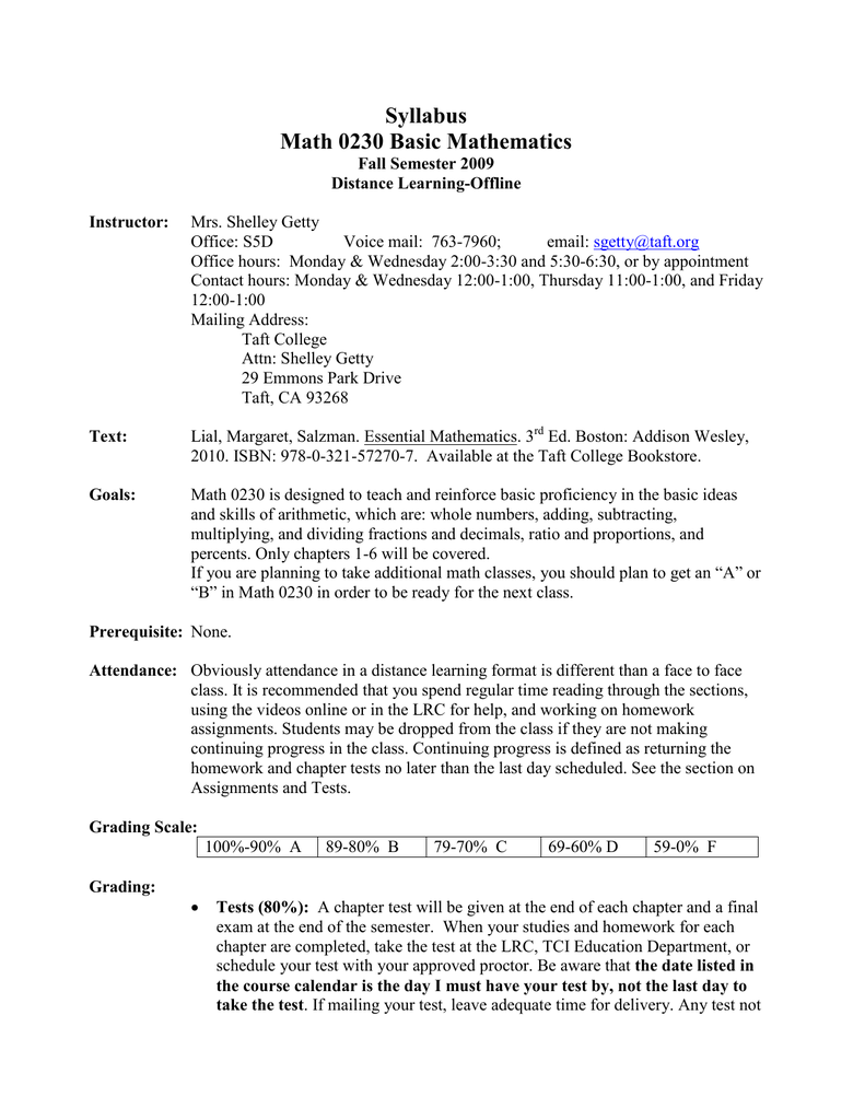 Syllabus Math 0230 Basic Mathematics
