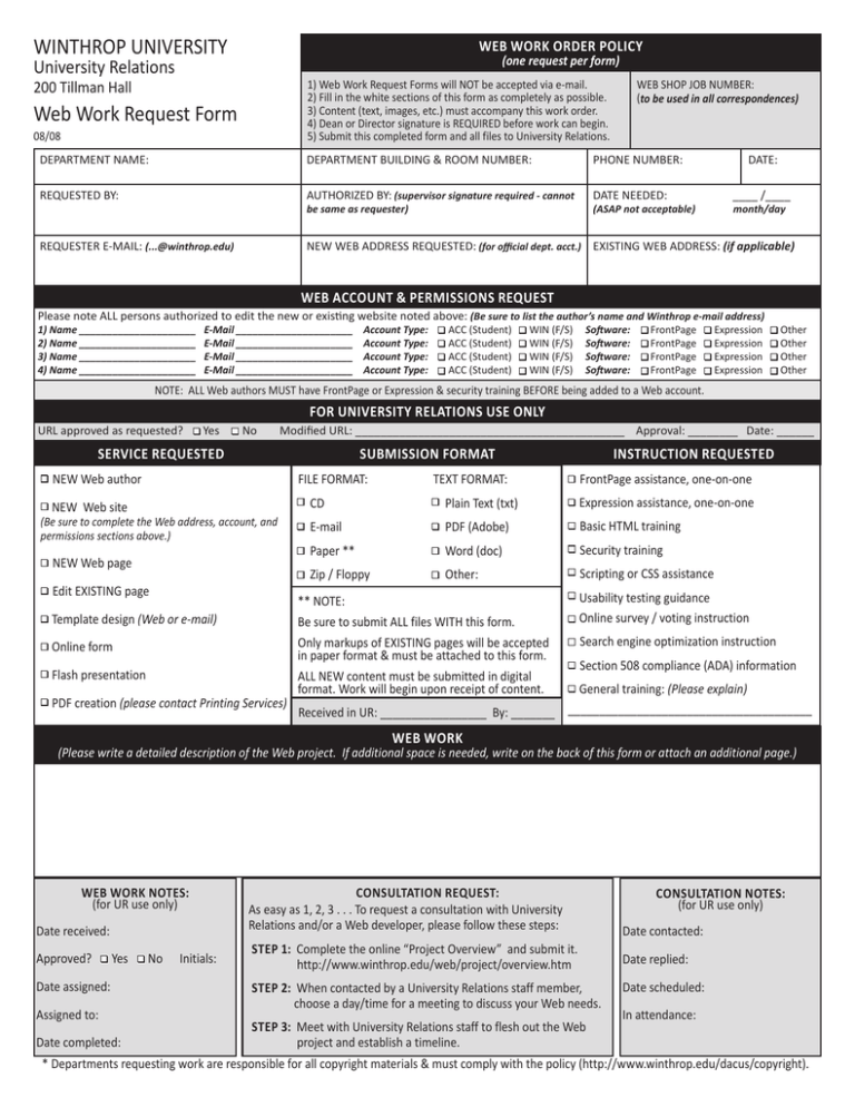 WINTHROP UNIVERSITY University Relations 200 Tillman Hall Web Work 