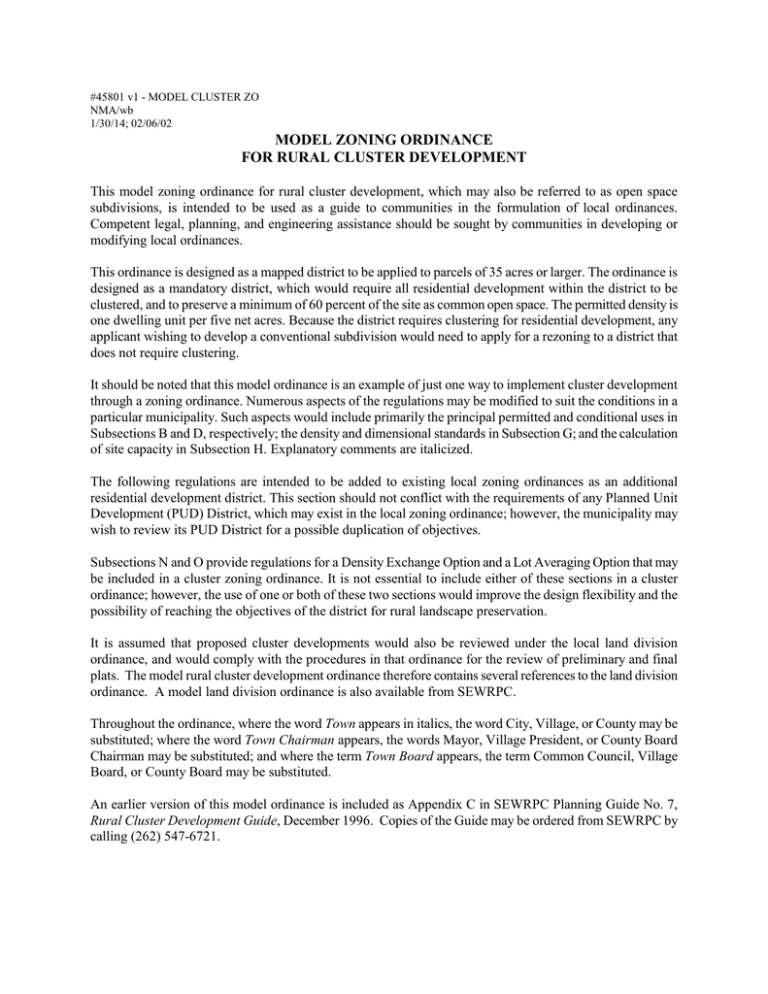 MODEL ZONING ORDINANCE FOR RURAL CLUSTER DEVELOPMENT