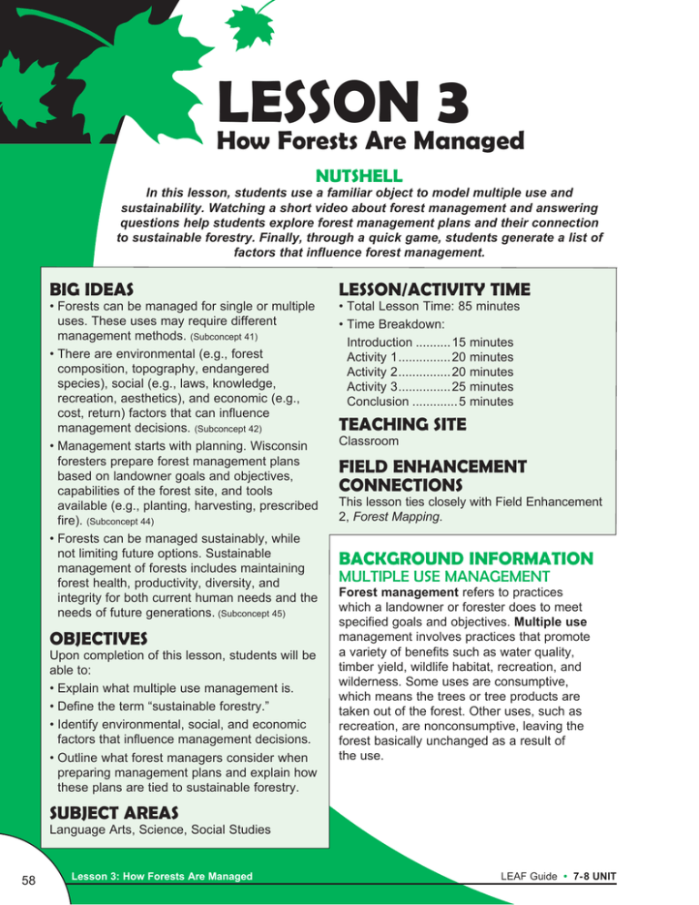3 LESSON How Forests Are Managed NUTSHELL