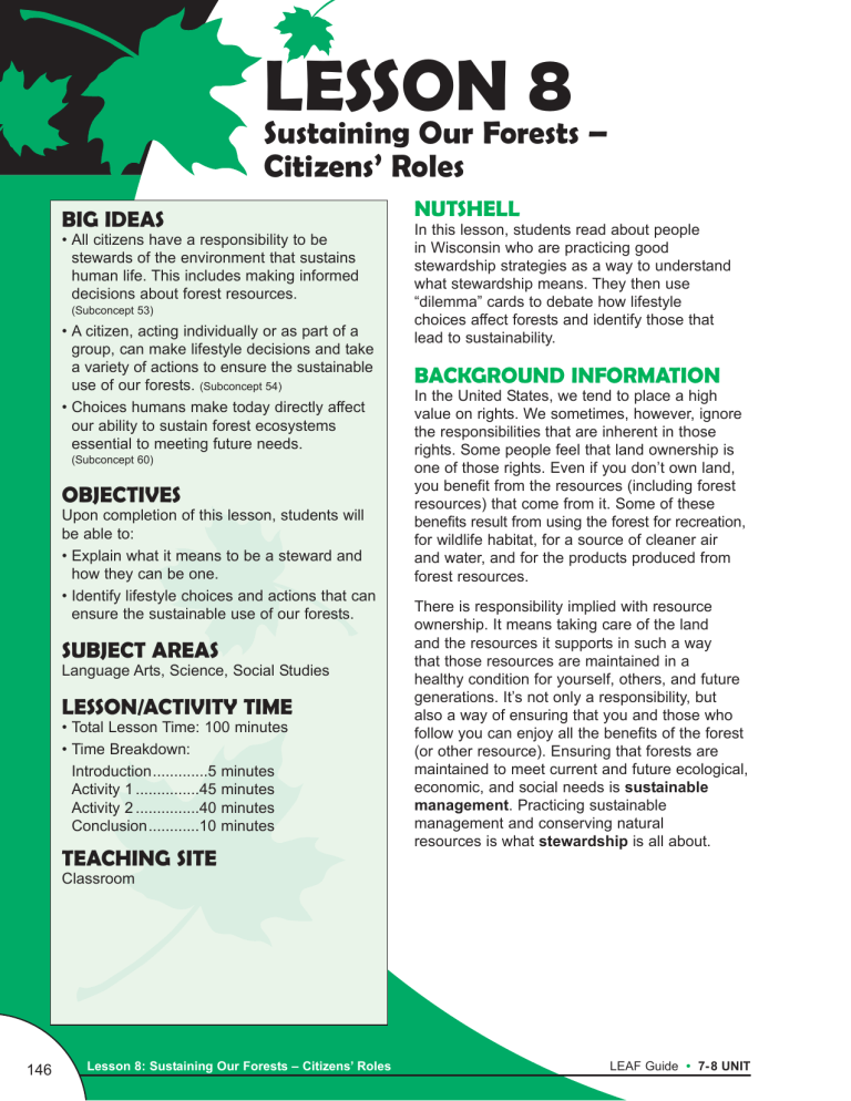 8 LESSON Sustaining Our Forests – Citizens’ Roles