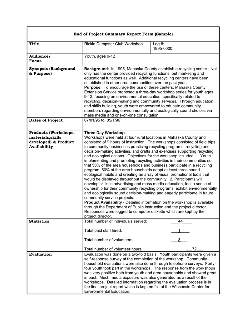 End Of Project Summary Report Form Sample Title Audience 