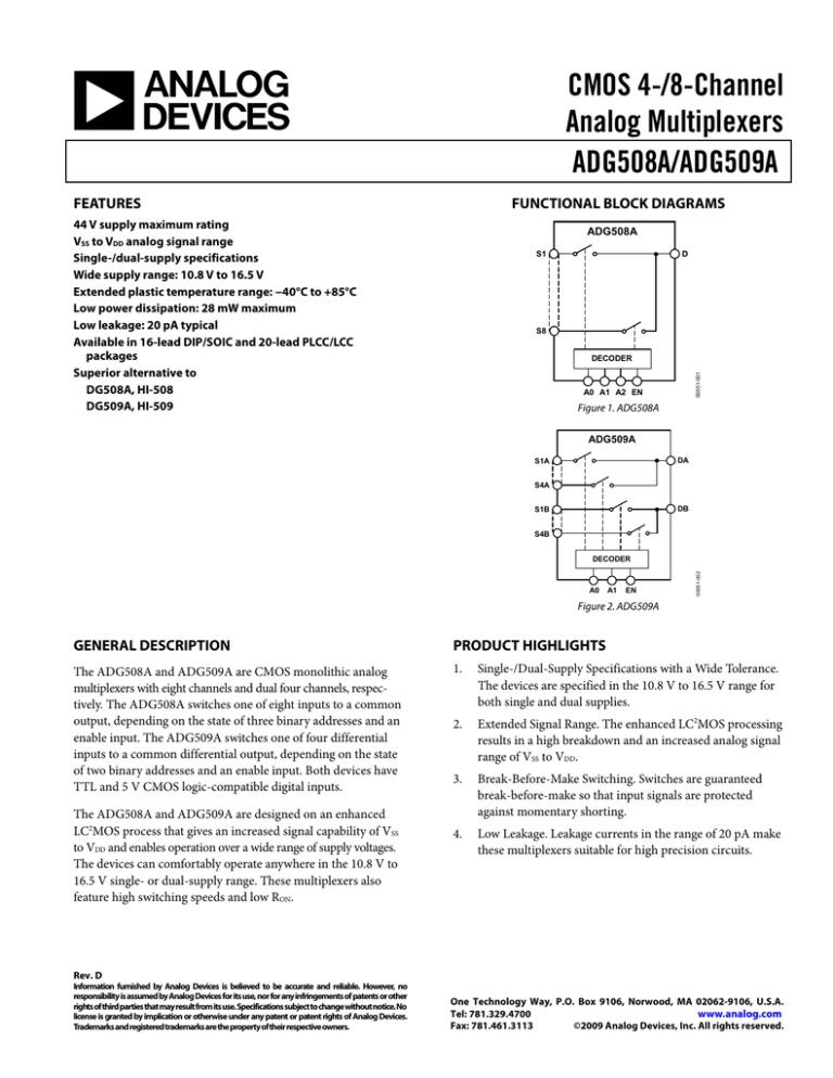 CMOS 4-/8-Channel Analog Multiplexers ADG508A/ADG509A