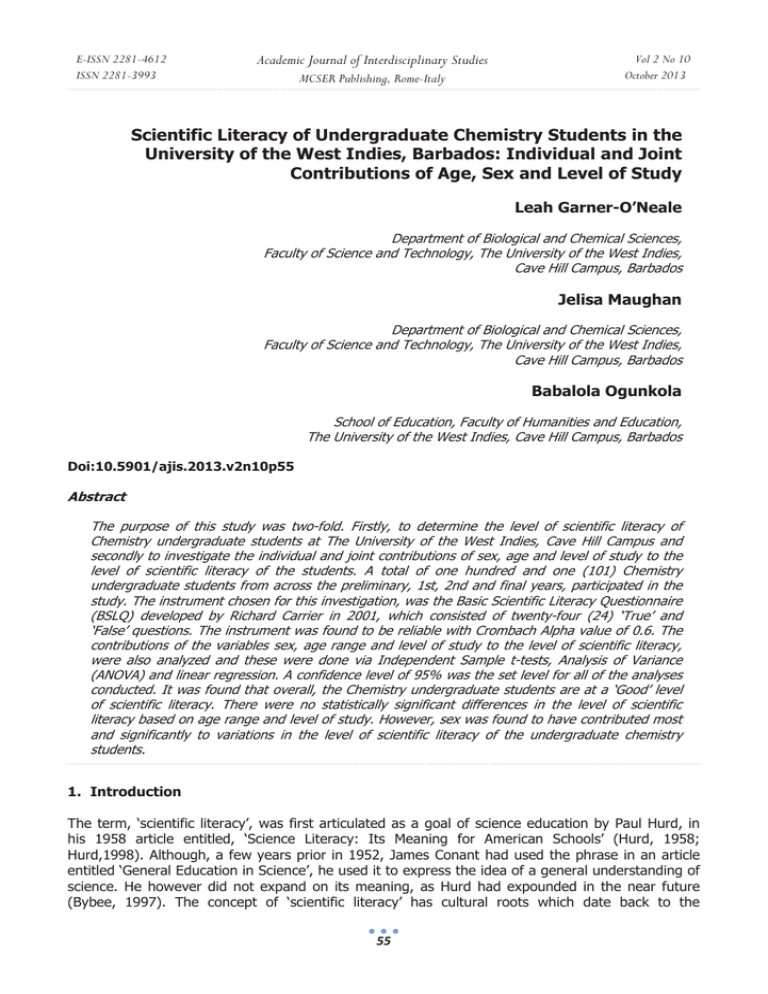 Scientific Literacy of Undergraduate Chemistry Students in the