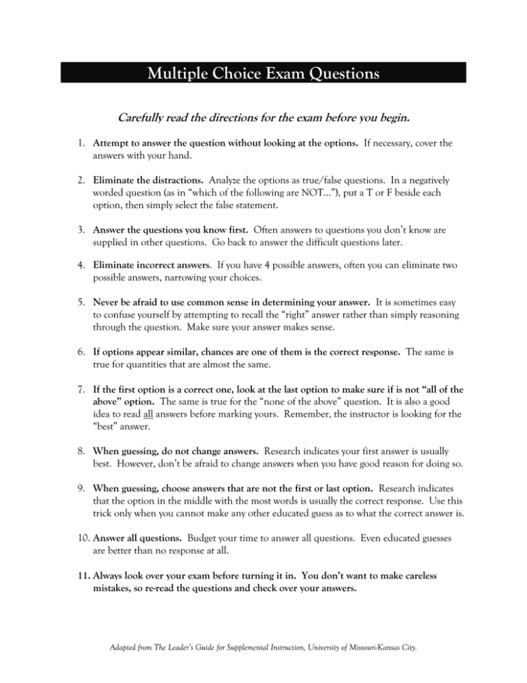 Multiple Choice Exam Questions