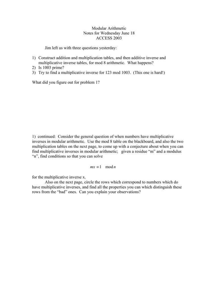 Modular Arithmetic Notes For Wednesday June 18 ACCESS 2003 Modular Arithmetic Notes For Wednesday June 18 ACCESS 2003