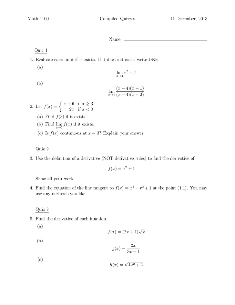Math 1100 Compiled Quizzes 14 December 2013 Name 